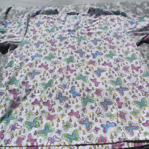 Tops | Cassandra O Very Colorful Butterflies Flower Print Scrub Top Ig ...
